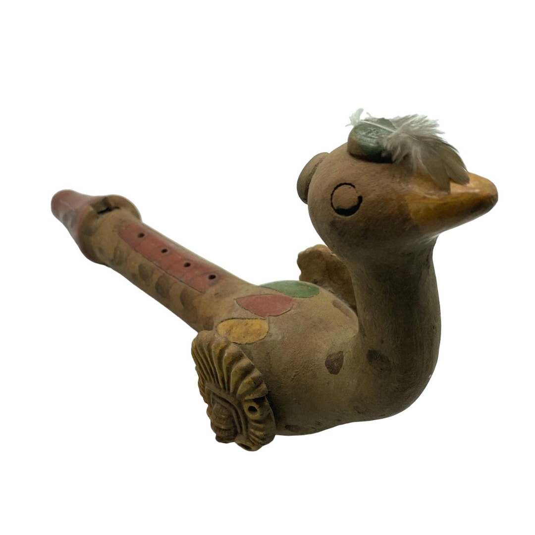 Vintage Mexican Folk Art Bird Handmade Hand Painted Clay 12" Flute ...