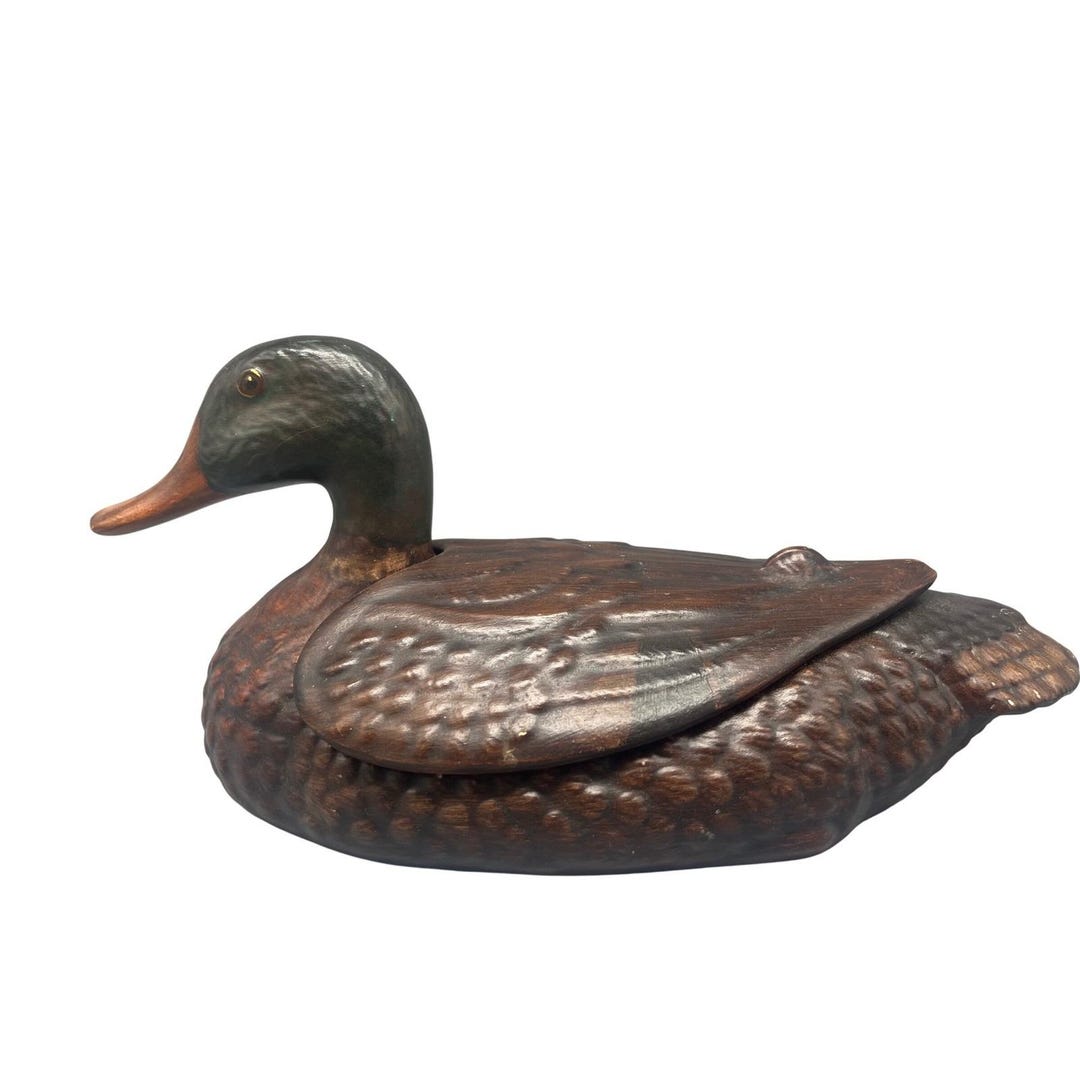 Ceramic Duck Trinket Box, Hand Painted in Green Brown, Vintage ...