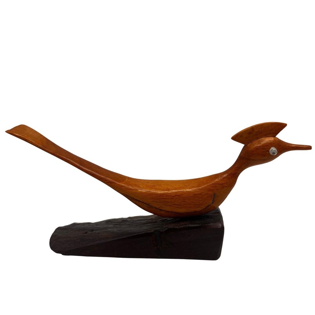 Vtg Wooden Roadrunner Dark Wood Base Lighter Wood Bird Figurine Hand ...