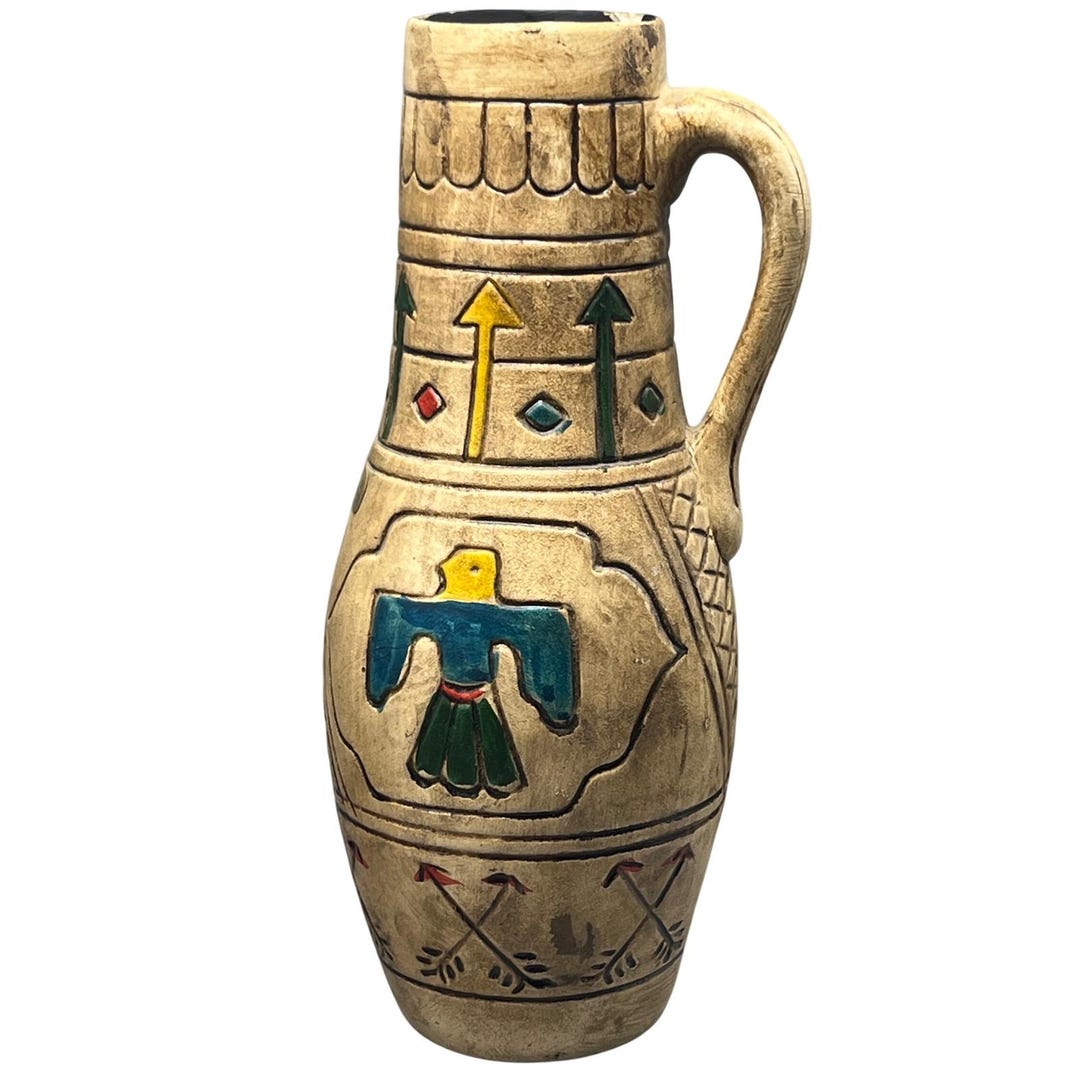 Colorful Chalkware Jug Vase - Indian Style Symbols, Fairway - Etsy