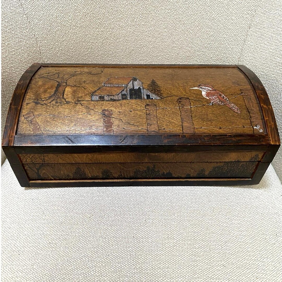 Handmade Wood Handpainted Folk Art Box Signed Barn Bird Rural Scene ...
