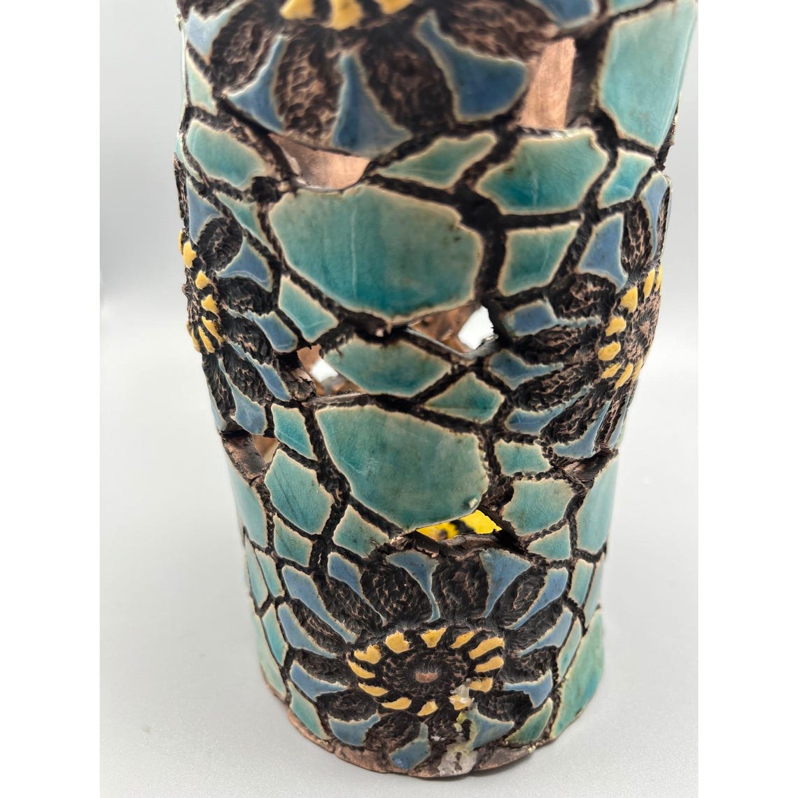 Handbuilt Whimsical Slab Vase Mosaic Design Irregular Shape Signed ...