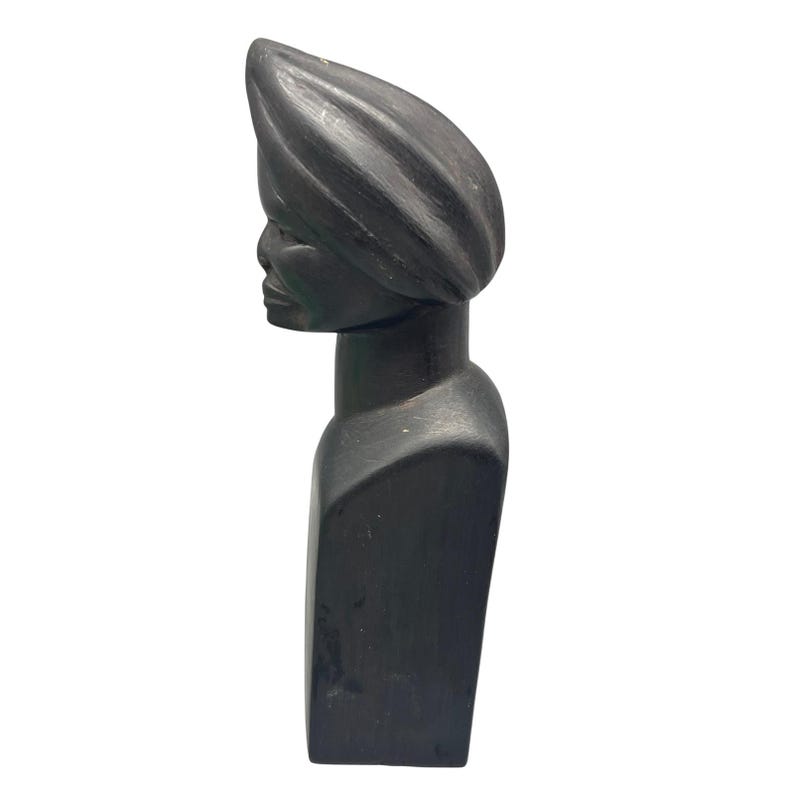 Carved Wooden Bust Sculpture African Tribal Figure Head Turban Ebony ...