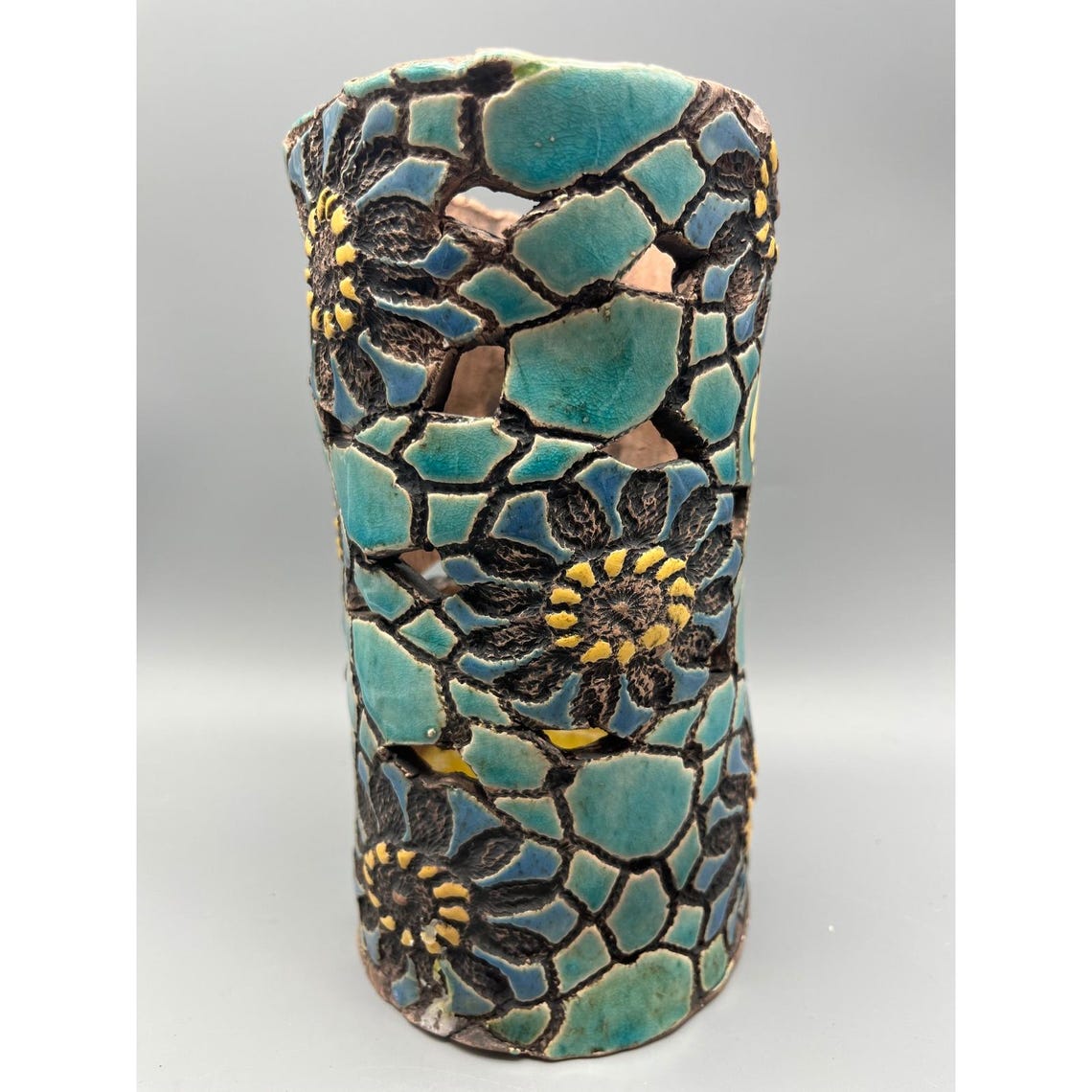 Handbuilt Whimsical Slab Vase Mosaic Design Irregular Shape Signed ...