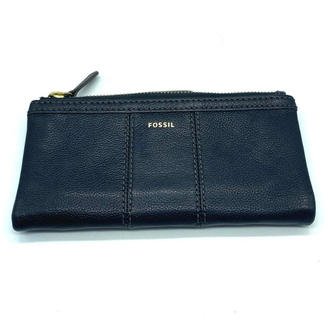Black Pebbled Leather Fossil Wallet Zipper Pocket Snap Closure Bi Fold ...