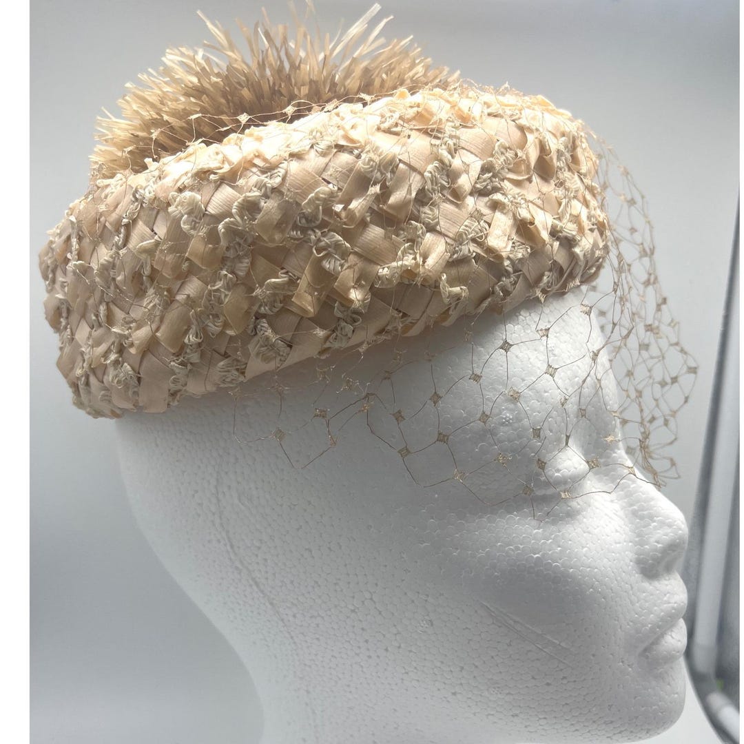 Vintage Cellophane Straw Jean Sutton Pill Box Hat Spiky Poof on Top ...