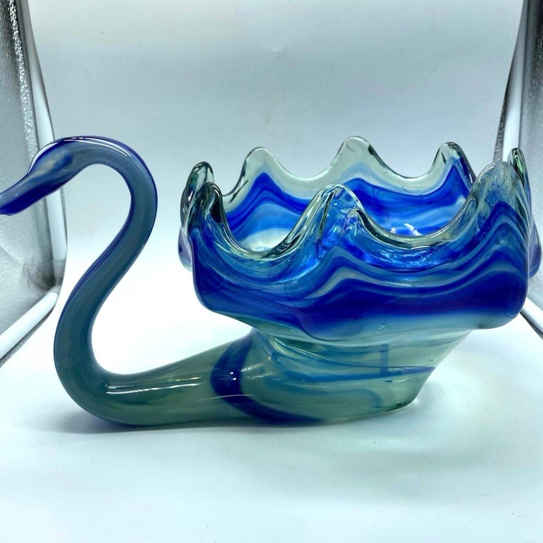 Vintage Art Glass Sooner Blue Swirl Murano Style Hand Blown Swan Bowl ...