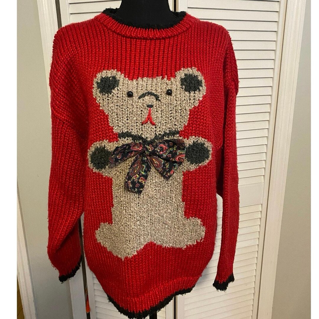 Vintage E.V.E Ltd. Hand Knit Chunky Red Sweater Teddy Bear 22 W 1980s ...