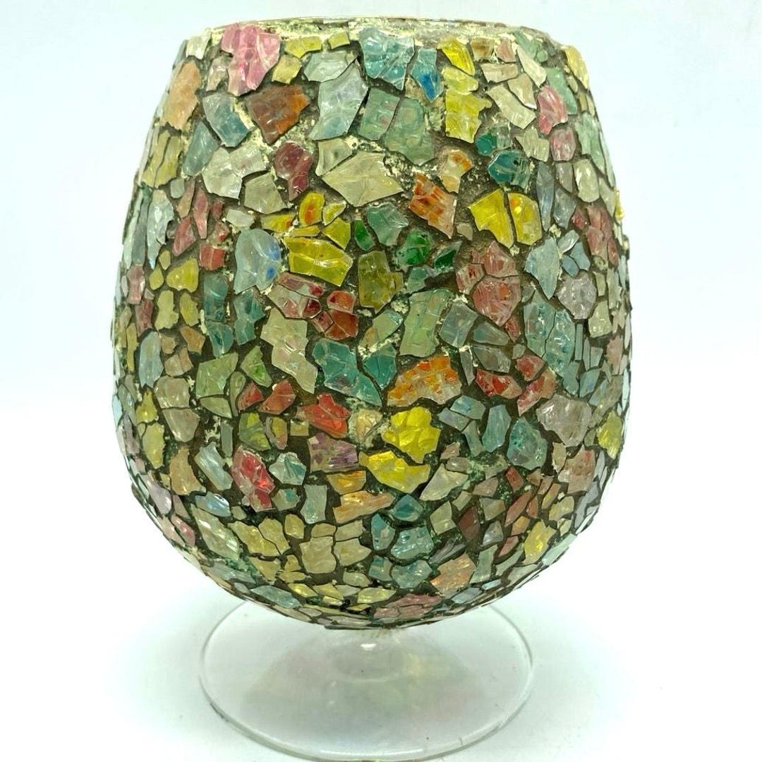 Vtg Multi Color Mosaic Pedestal Candle Holder Brandy Snifter Vintage ...