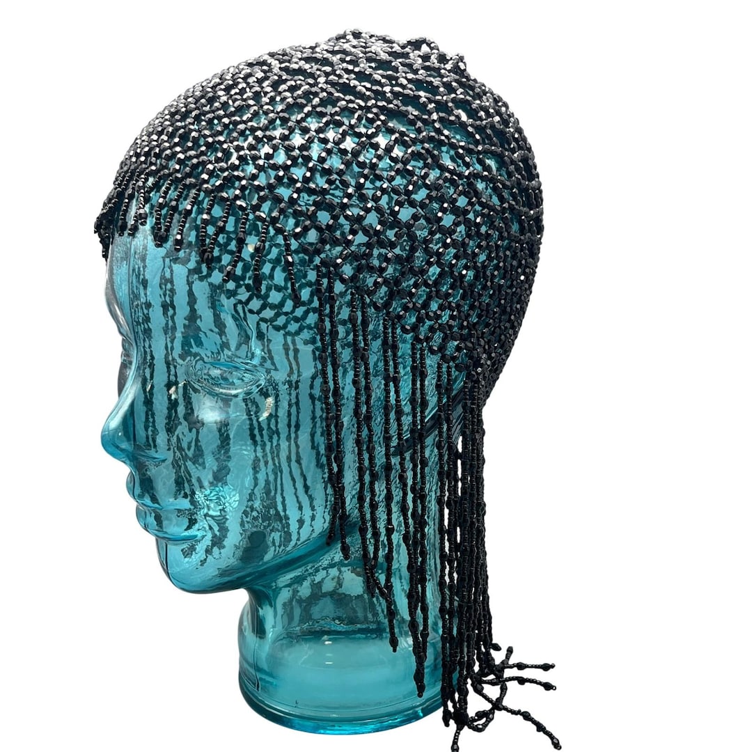 Black Beaded Mesh Headpiece Bead Cap Cleopatra Costume Mardi Gras Dance ...