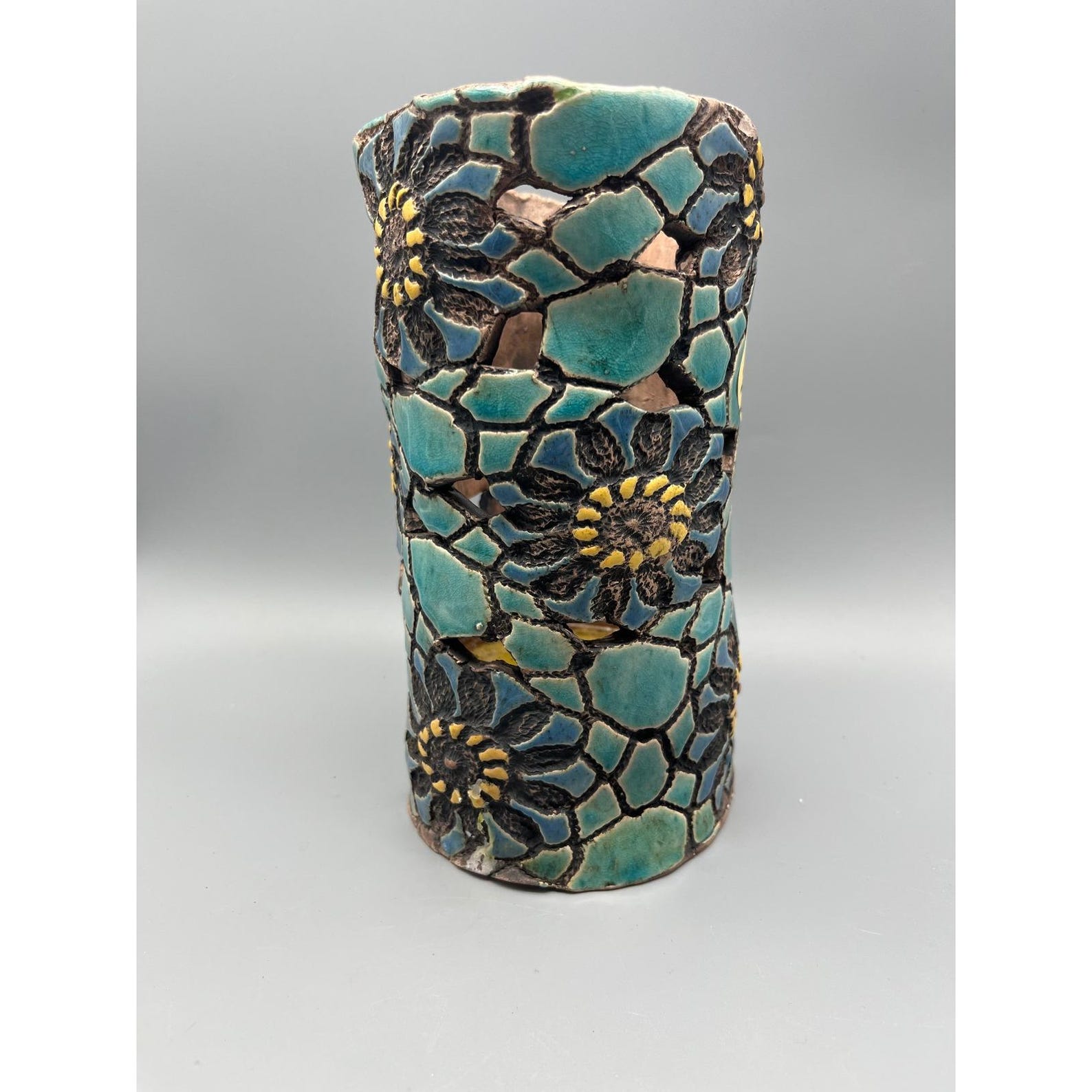 Handbuilt Whimsical Slab Vase Mosaic Design Irregular Shape Signed ...
