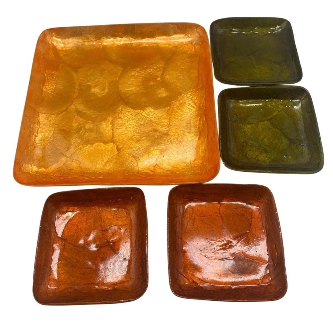 Vtg Set 5 Pc COLORIZED CAPIZ SHELL Tray & Plates.orange,green,gold ...