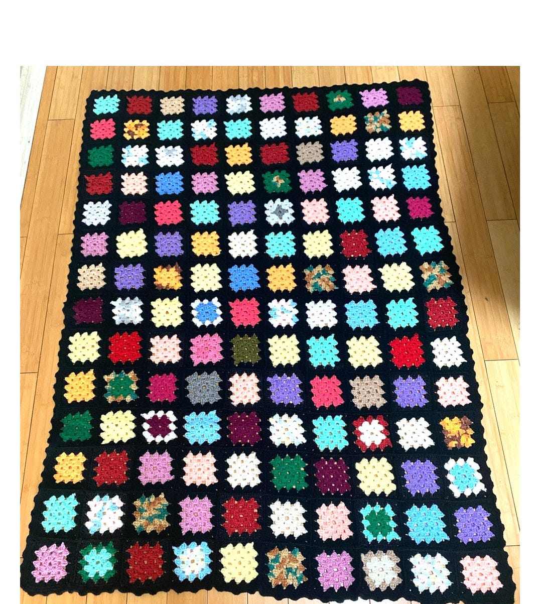 Vintage Granny Core Square Crochet Blanket Black 62"x46" Cottage Core ...