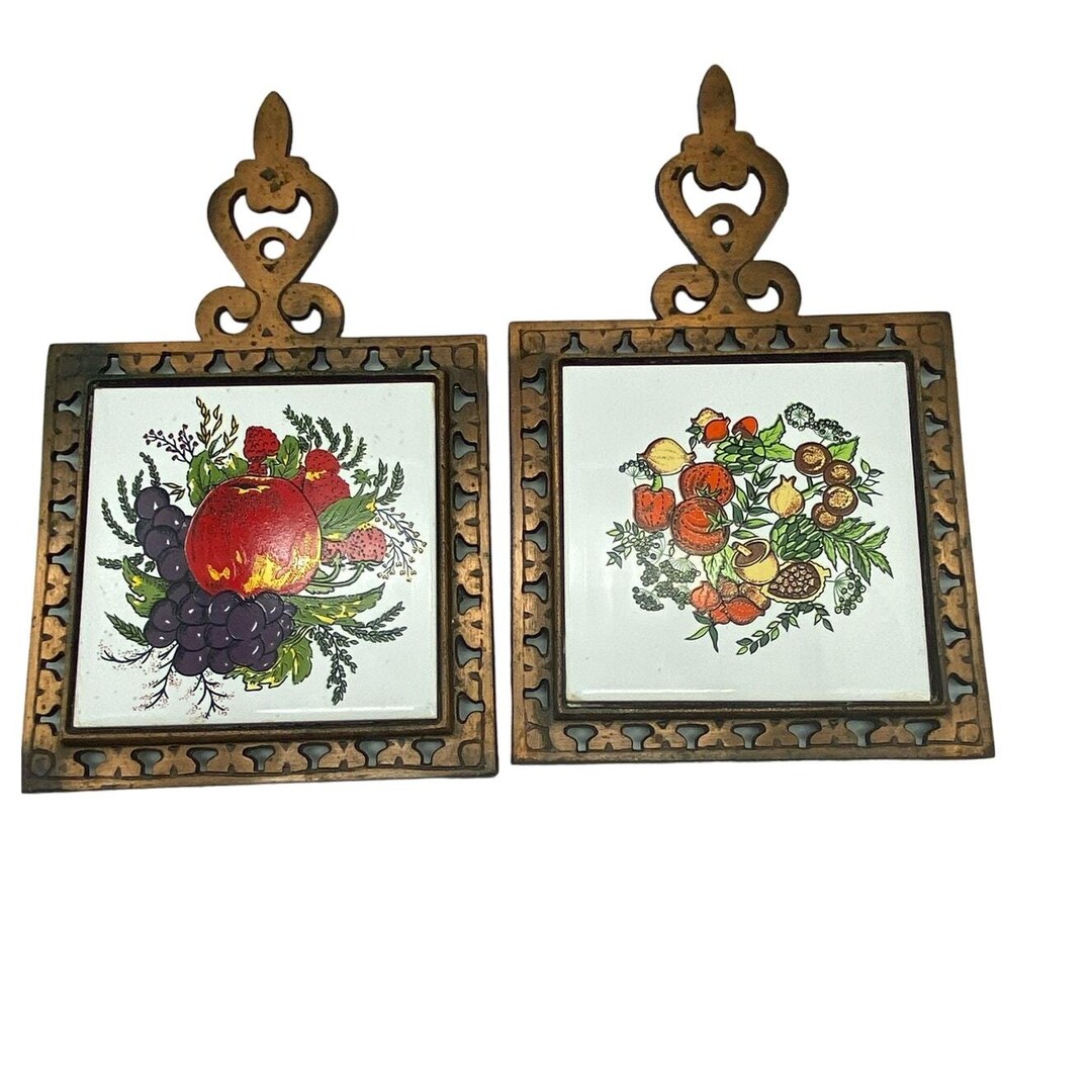 Vintage Trivets Set of Two Cast Iron and Tile Harvest Theme - Etsy