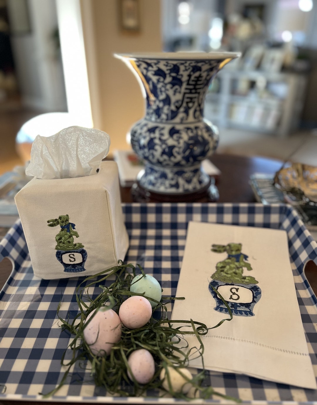 Easter Chinoiserie Bunny Tissue Box Cover & Tea Towel Set - Etsy