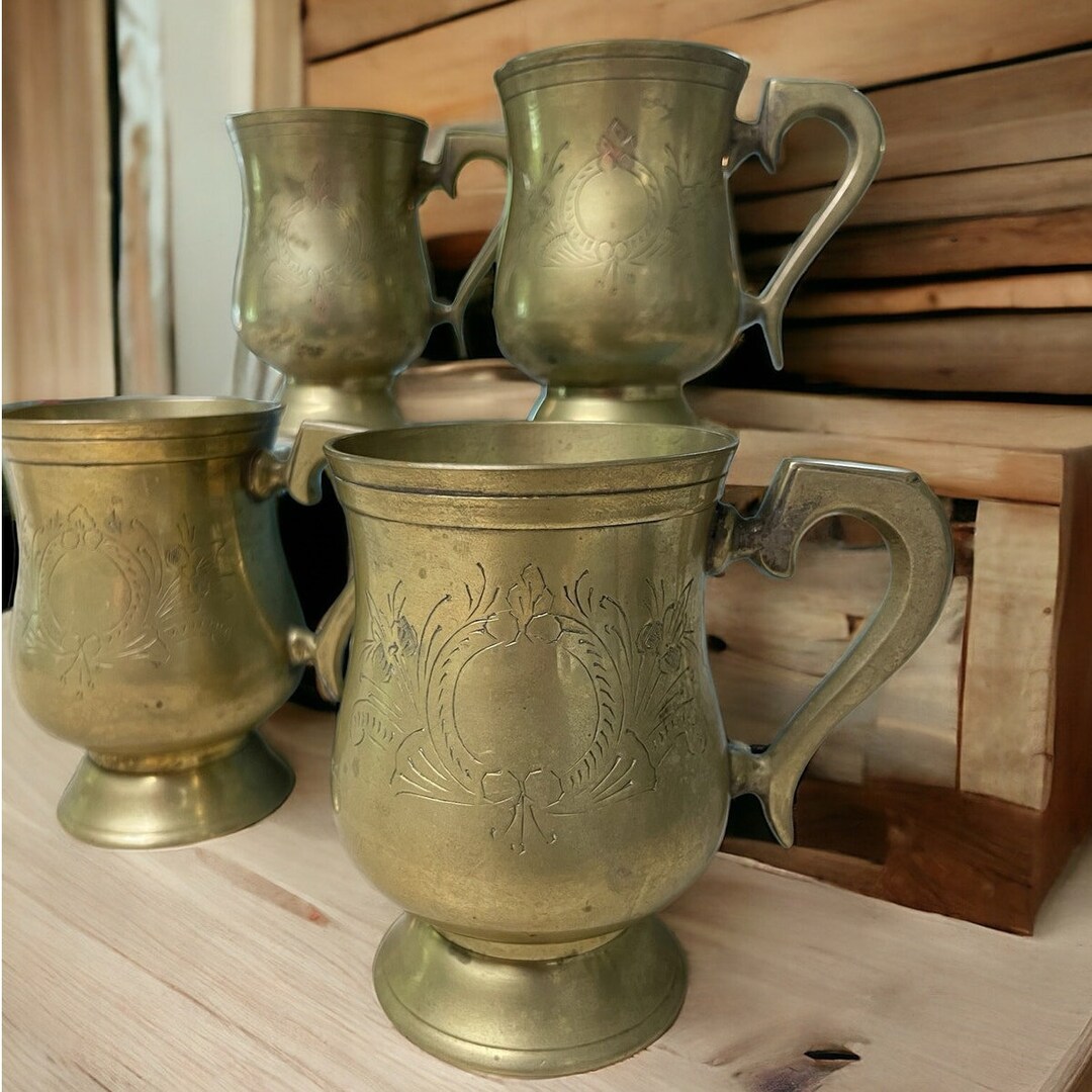 Set of 4 Vintage Mid-century Brass Etched Stein. 1950's Beer Stein Wine ...
