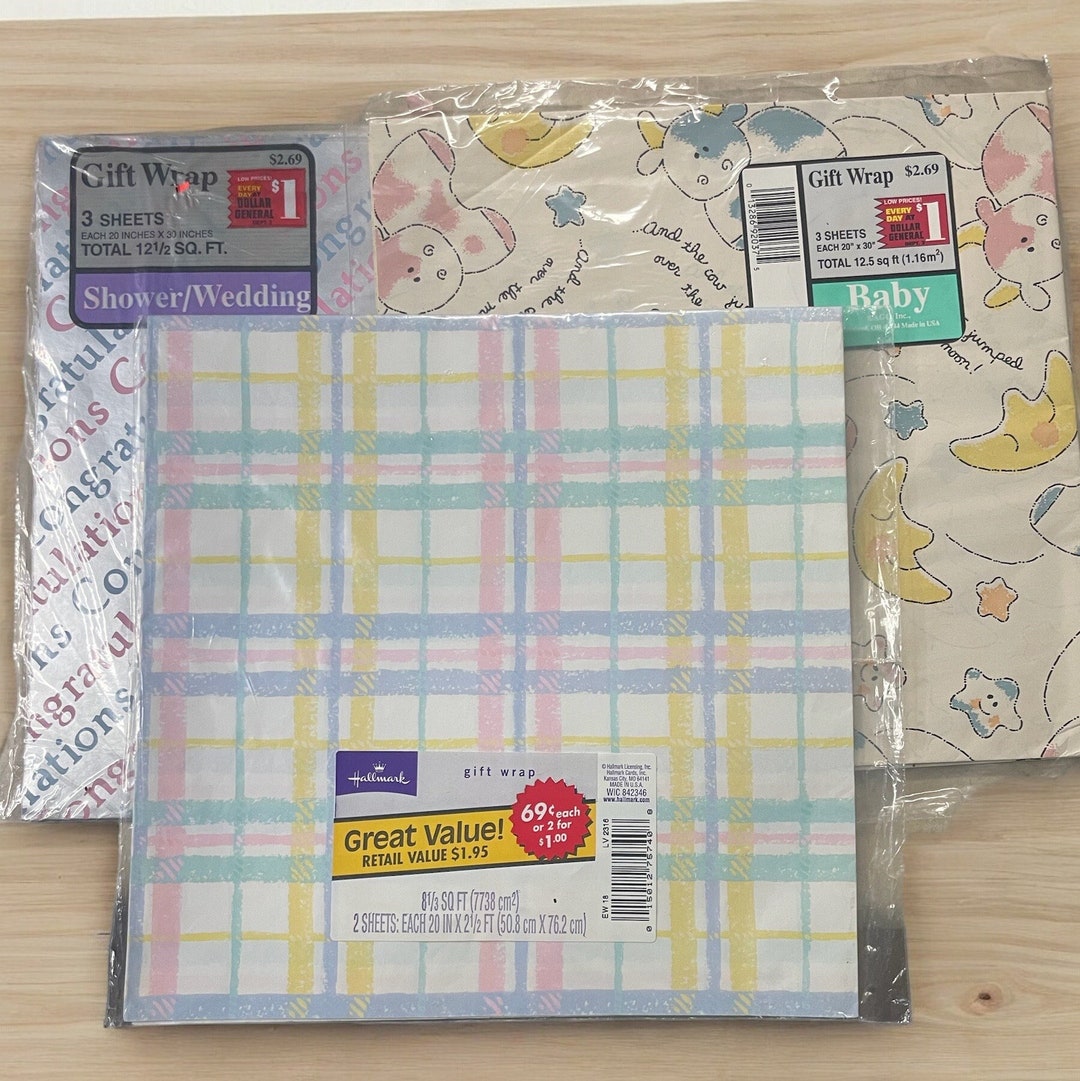 3pk Vintage Boy or Girl Baby Shower Wrapping Paper Gift Wrap Collection ...
