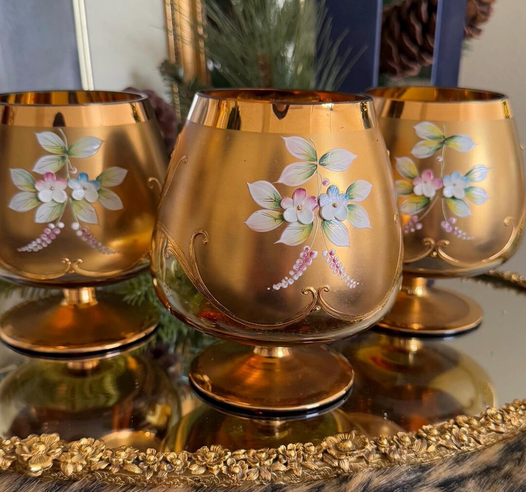Vintage Murano Gold Brandy Snifter: Hand-painted Floral Italian Glass ...