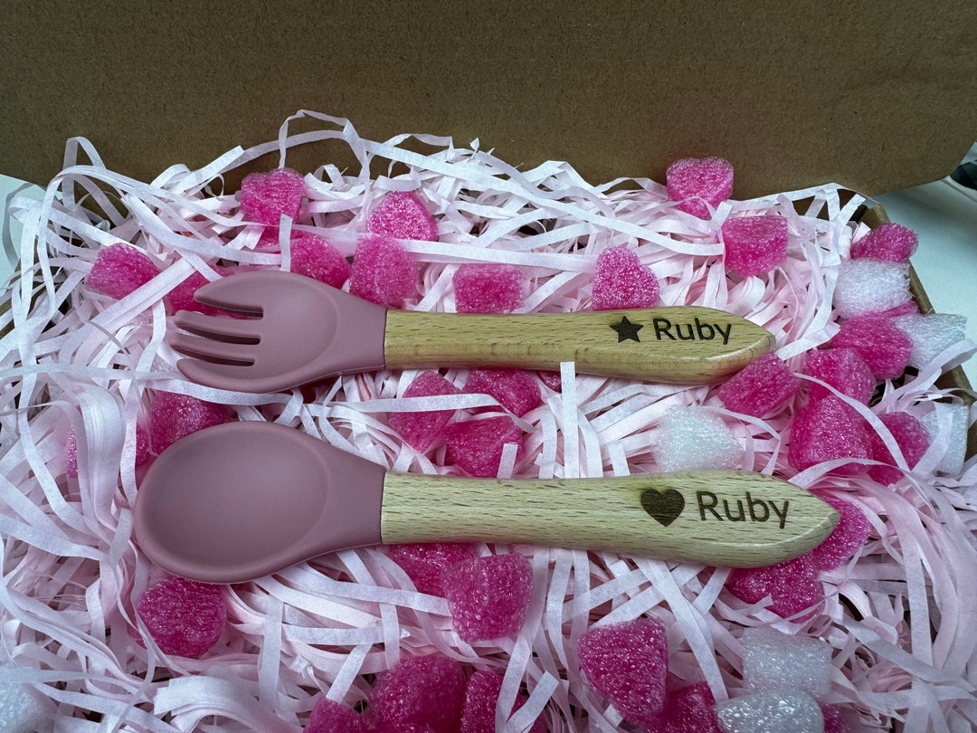 Personalized Baby Spoon and Fork Set, Engraved Wood & Silicone - Etsy