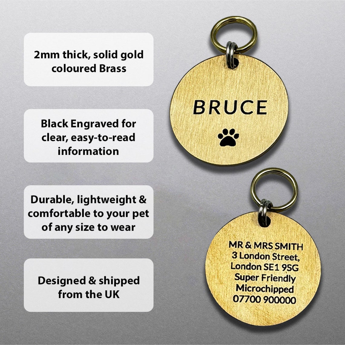 Thick Solid Brass Dog Name Tags & Cat Name Tags, Personalized Dog Tag ...