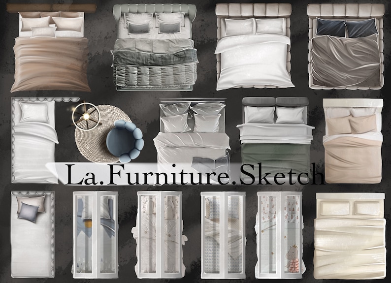 Procreate, Photoshop, Furniture Set, Bedroom Set, Furniture for 2D Plan ...