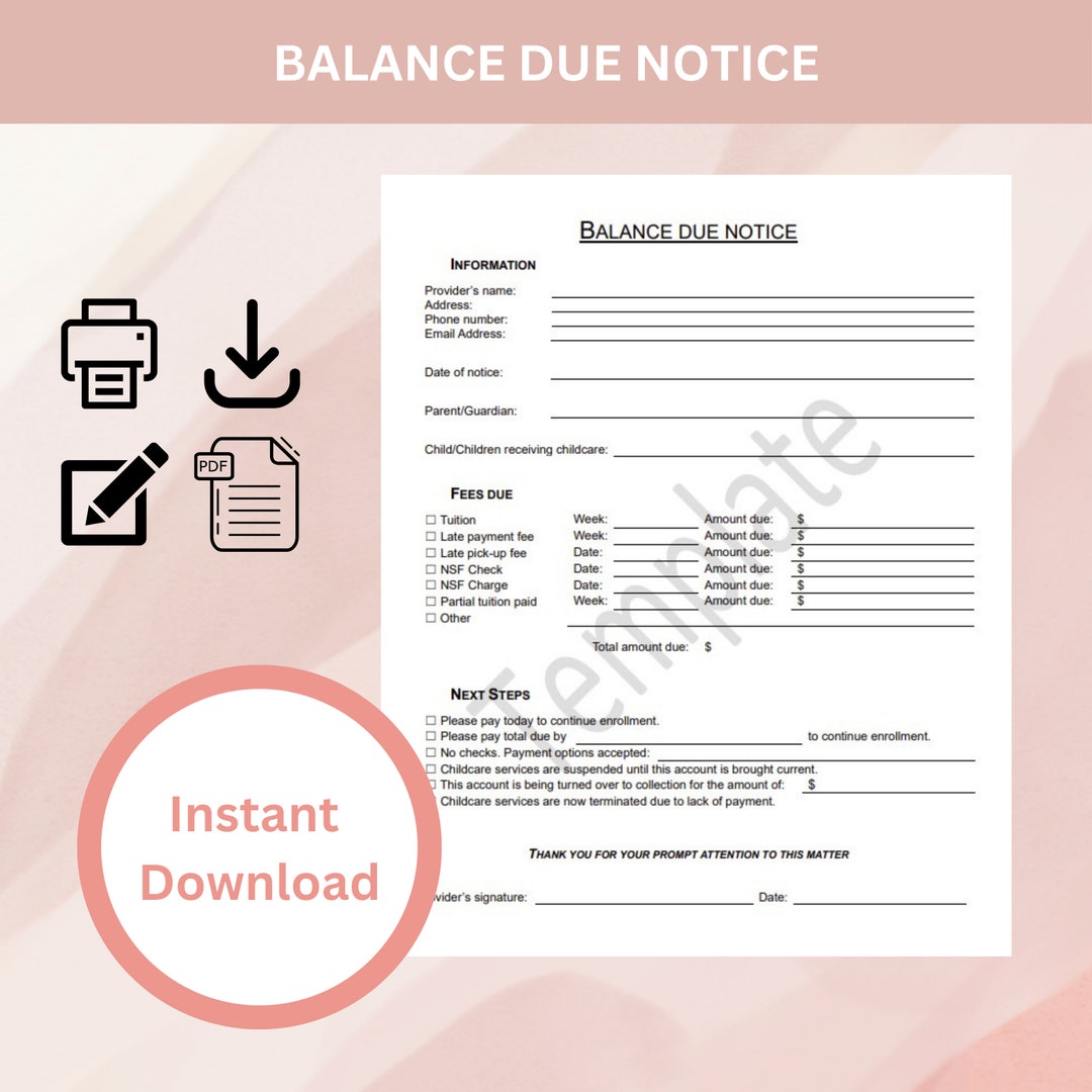 Childcare Balance Due Notice Template Downloadable Template Editable ...