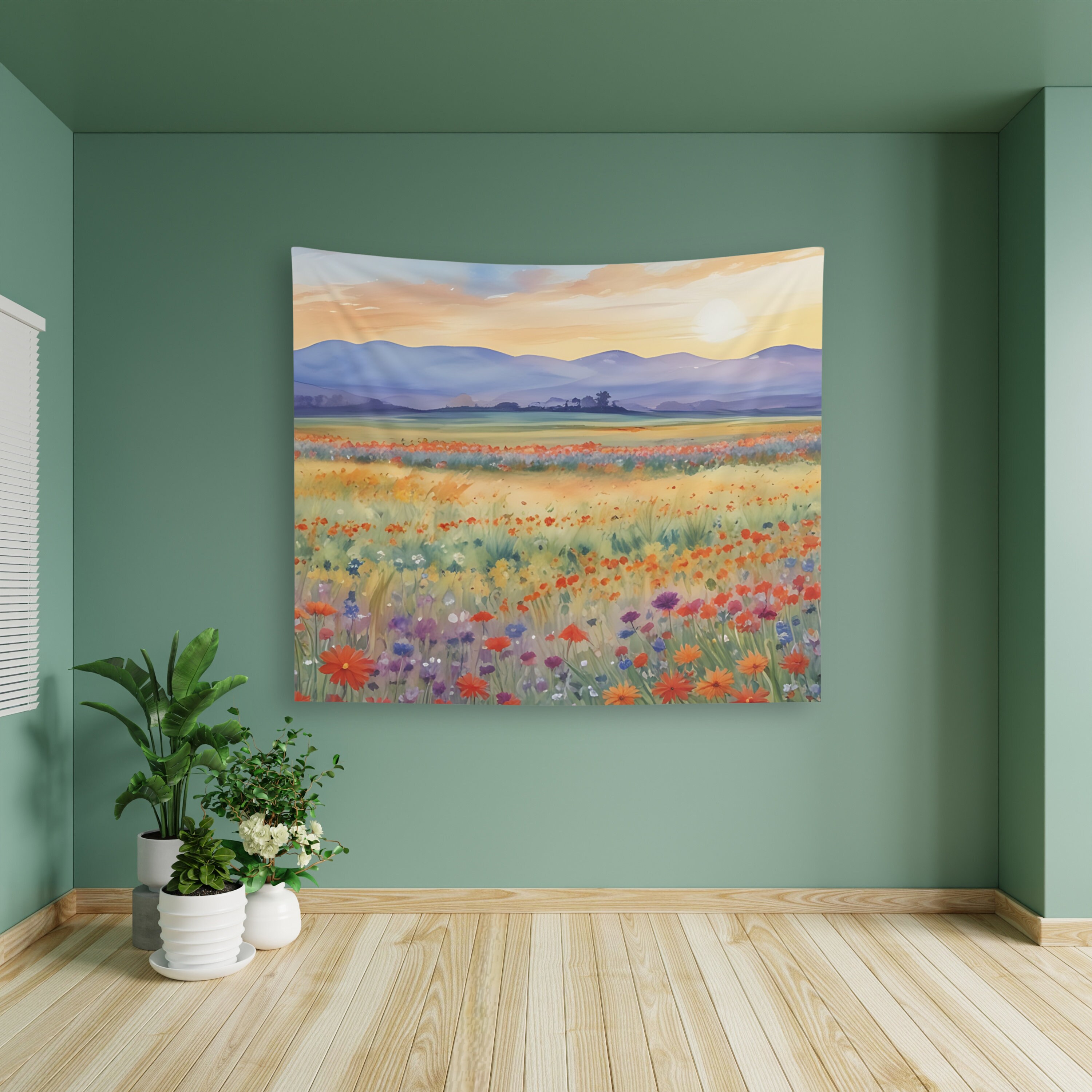 Hanging Wall Tapestries of Wildflower and Mountain Nature Tapestry ...