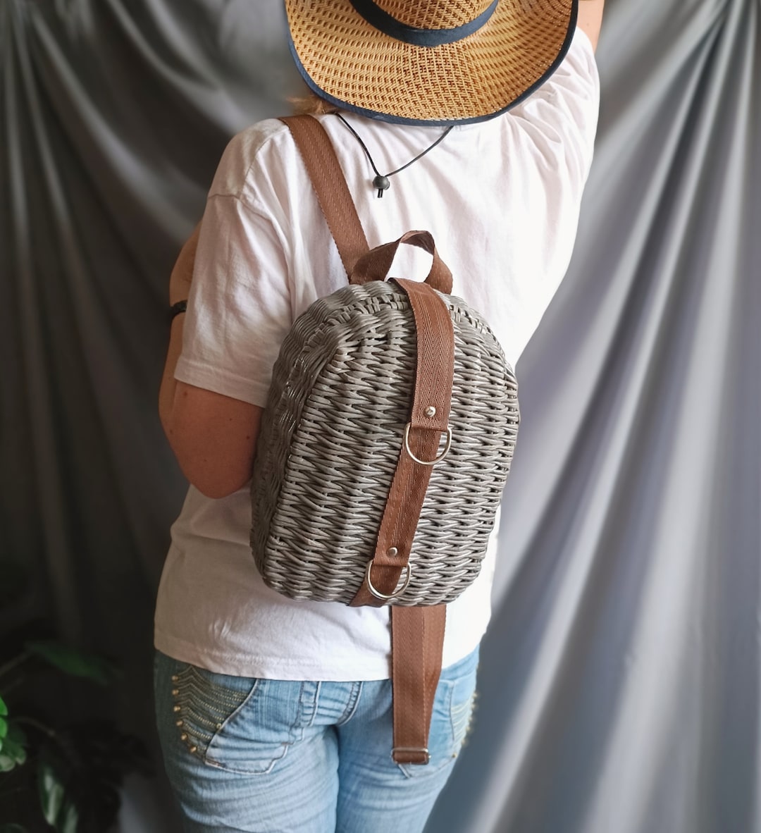 Woven Gray Mini Backpack for Women, Wicker Basket Backpack, Wicker ...
