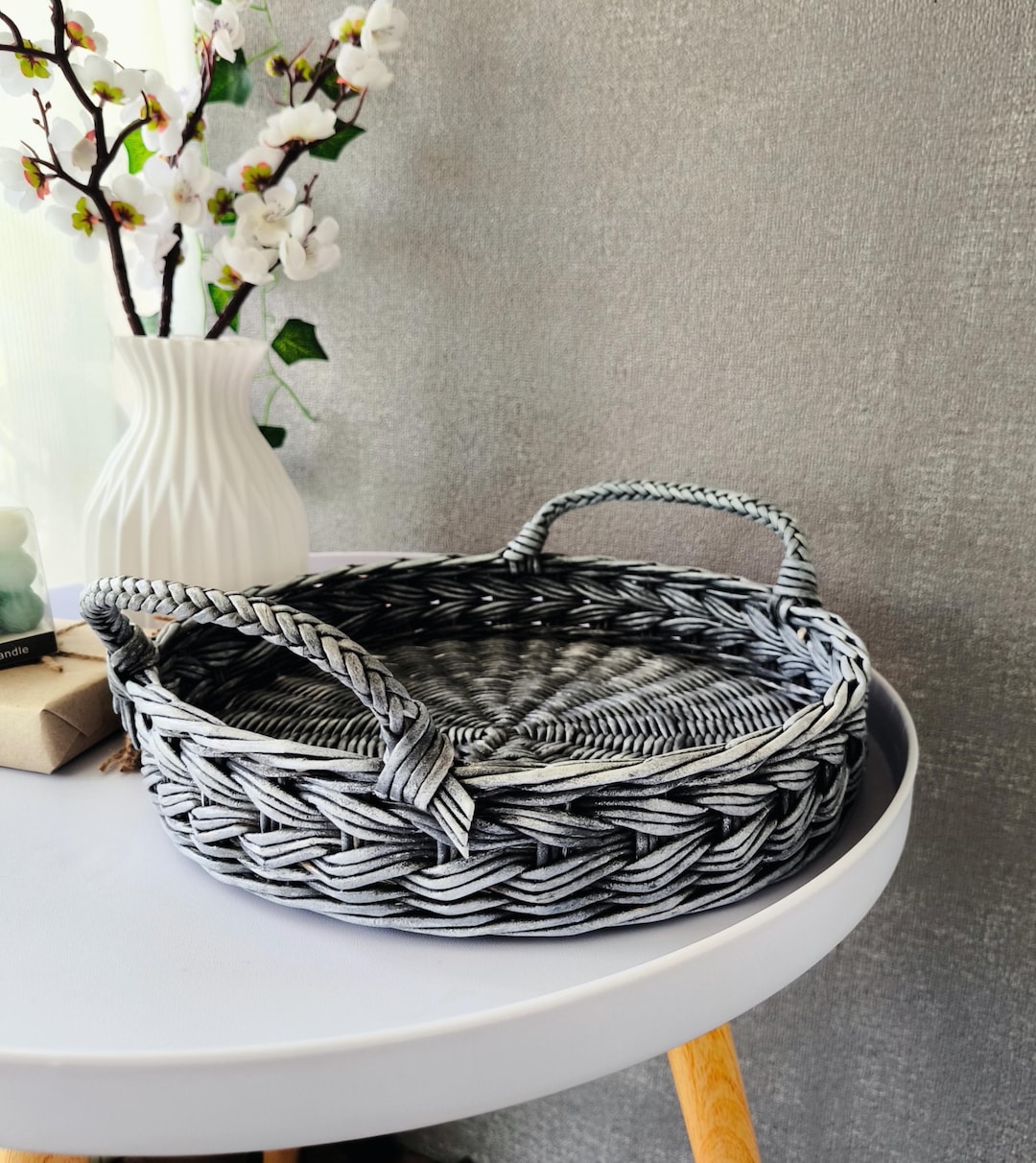 Scandinavian Round Wicker Tray 12", Coffee Table Tray, Grey Wicker ...