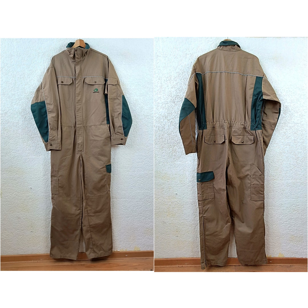Vintage One Piece Worksuit Men Long Sleeve Zip Coveralls Multi Pockets ...