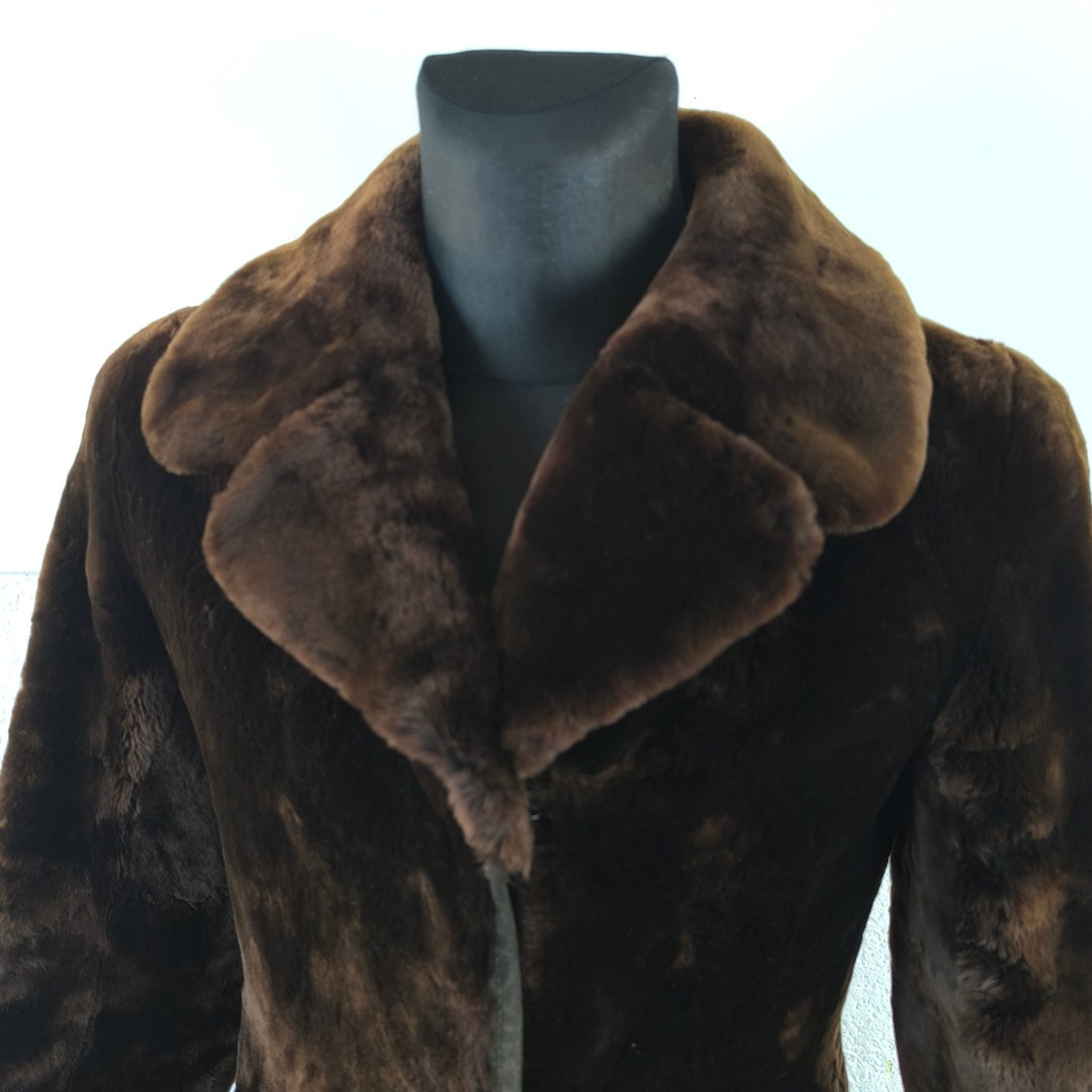 60s Genuine Leather and Faux Fur Leather Long Coat / Brown Warm Winter ...