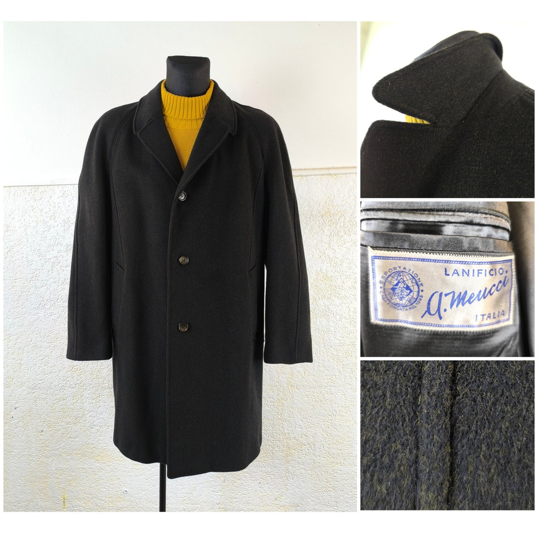 70s Vintage Italian Overcoat, Black Pure Wool Coat, Classic Loden ...