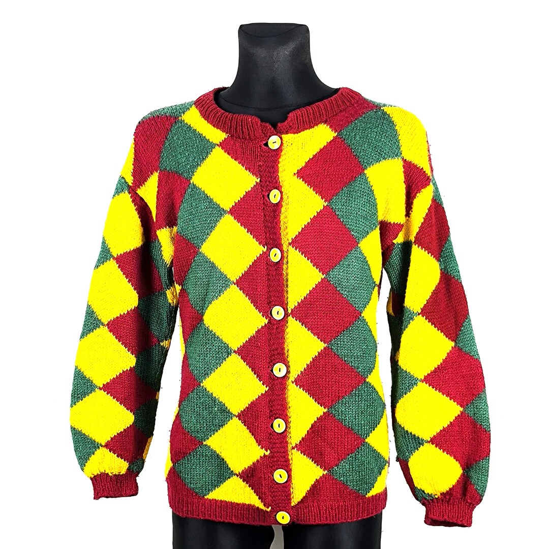 Vintage Iconic Check Wool Cardigan Jacket: Colour Block Patchwork Clown ...