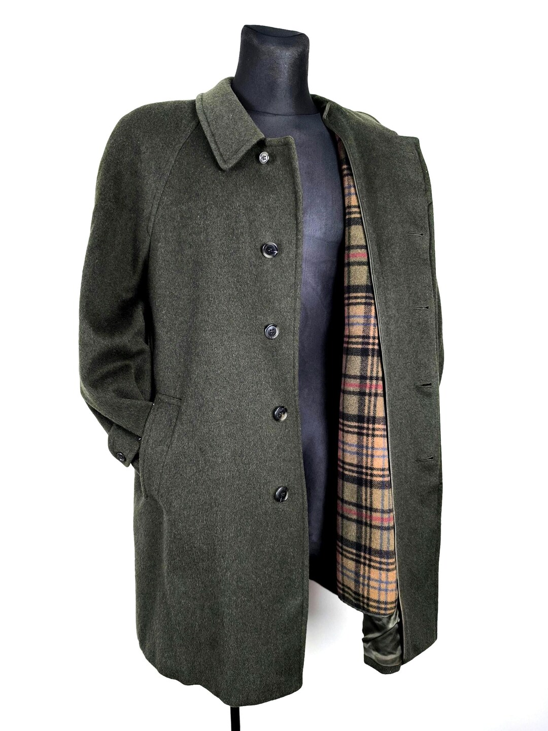 VINTAGE Italy Tartan Lined Wool Overcoat: Dark Green Oversized ...