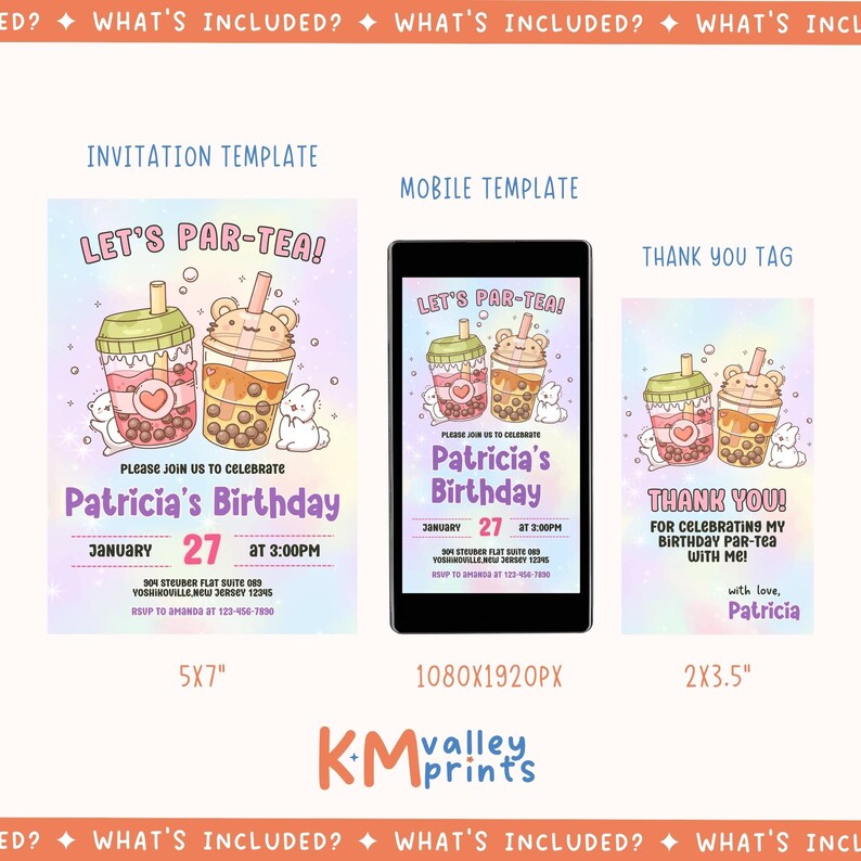 Bubble Tea Birthday Invitation, Cute Birthday Party Girl Invite, Boba ...