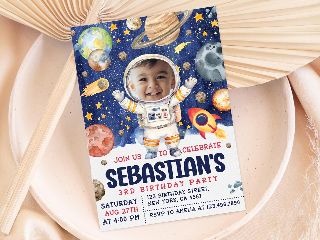 Space Birthday Invitation Outerspace Party Astronaut Invite With Photo ...