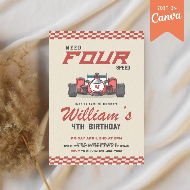 EDITABLE Race Car Birthday Invitation Template, Need FOUR Speed Digital ...