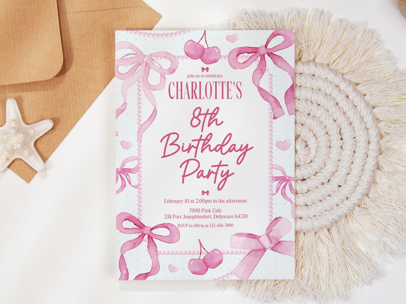 Pink Bow Invitation Cherry Coquette Invite Cute Girly Birthday ...