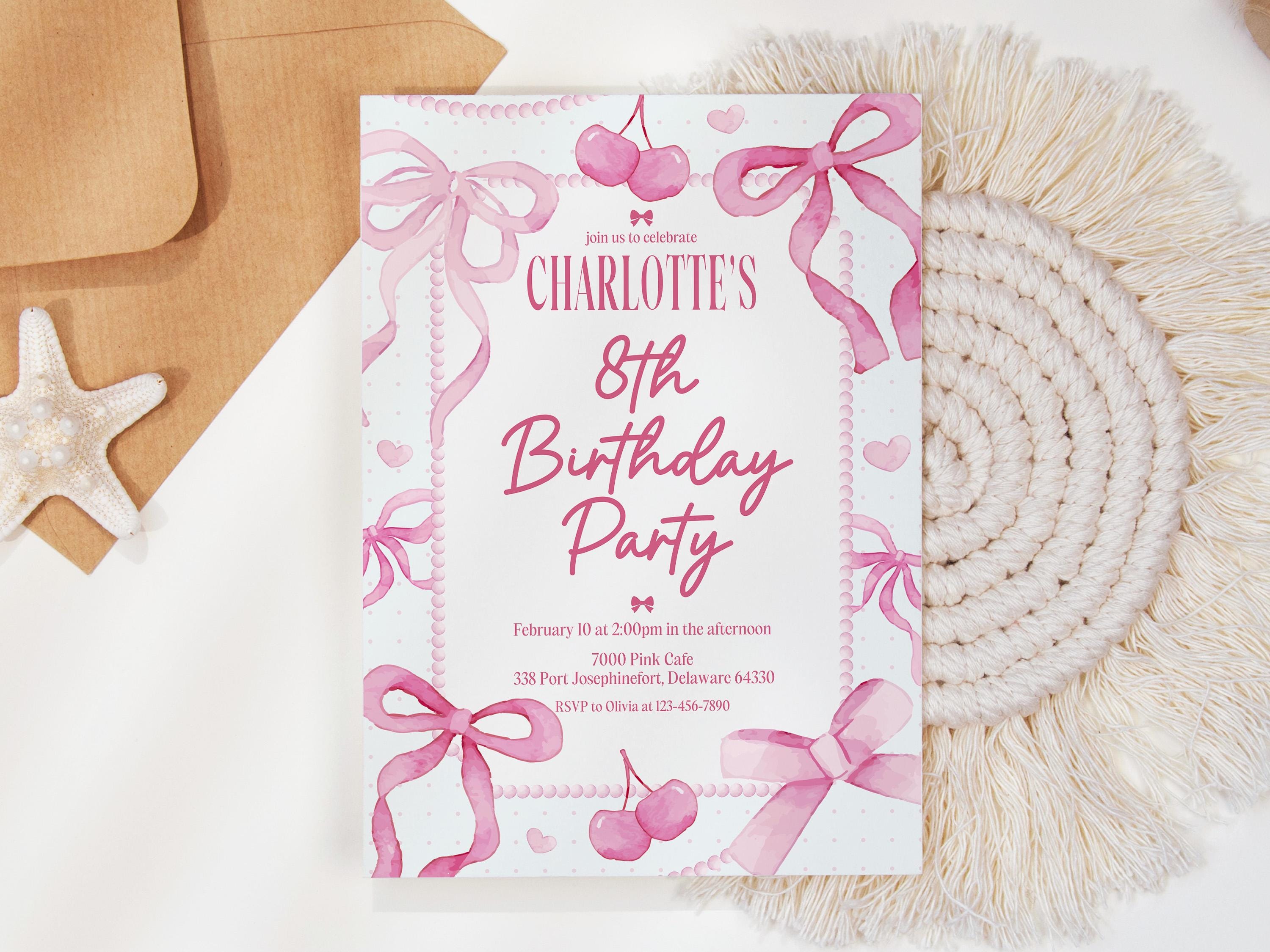 Pink Bow Invitation Cherry Coquette Invite Cute Girly Birthday Invitation Editable Pink Coquette ...