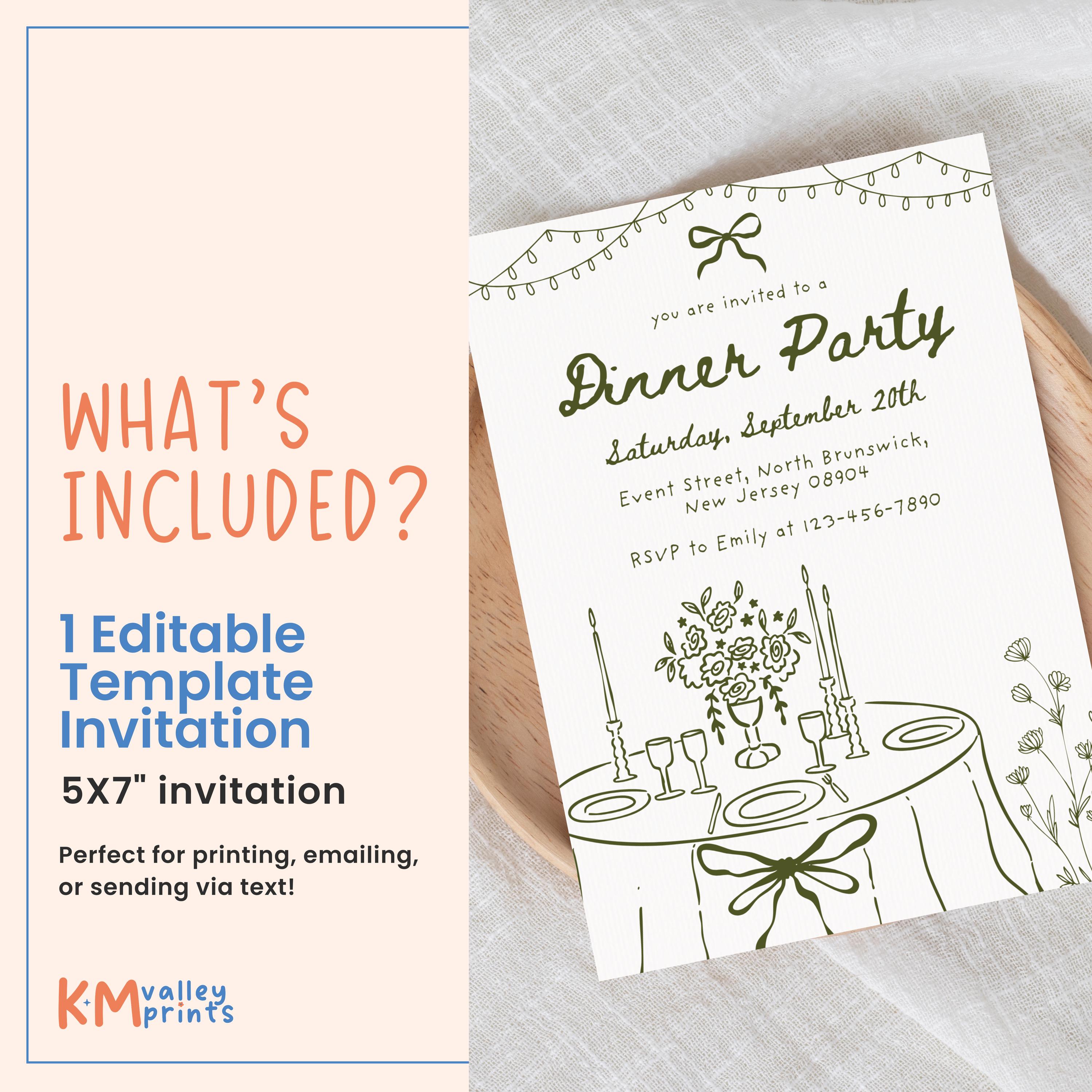 Hand Drawn Dinner Party Invitation Editable Dinner Party Invite ...