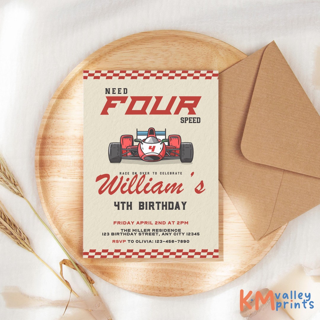 Red Race Car Birthday Invitation, Need FOUR Speed Digital Invite ...