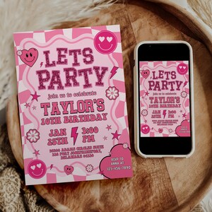 Preppy Smiley Invitation Pink Groovy Birthday Invite Patch Sequins ...