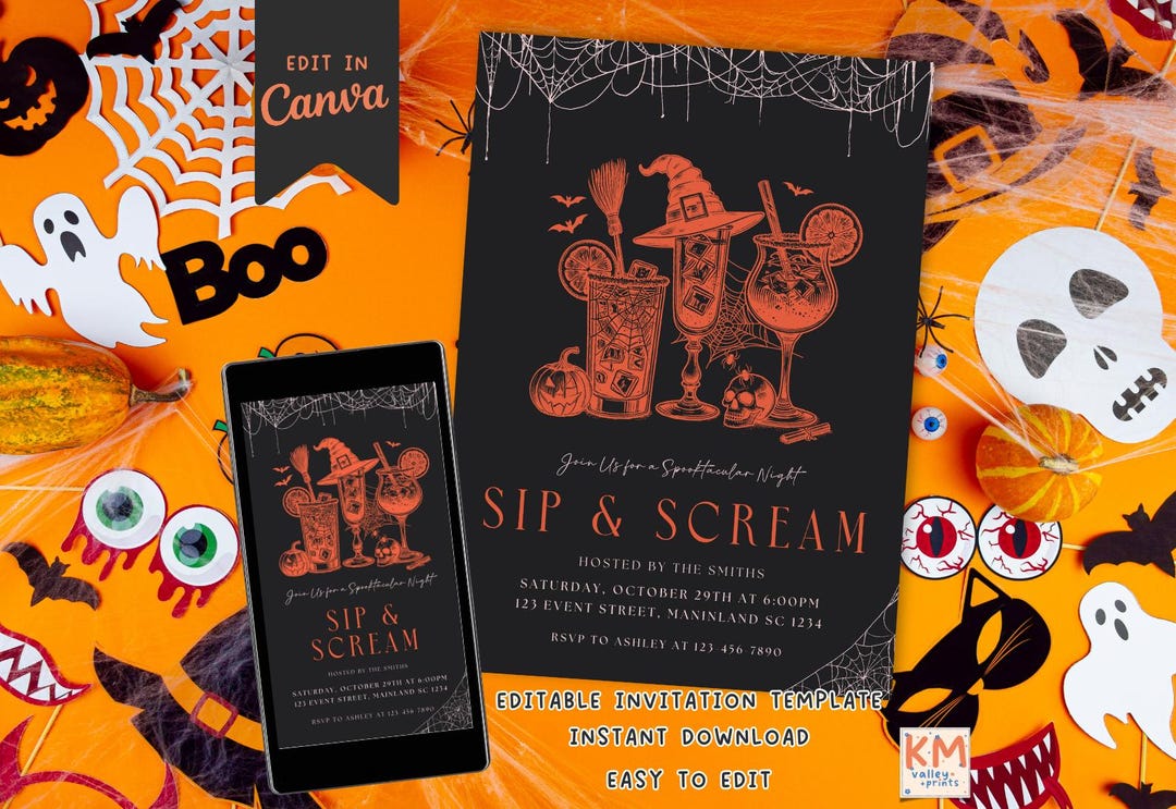 Sip and Scream Halloween Cocktails Party Invitation Template Witch ...