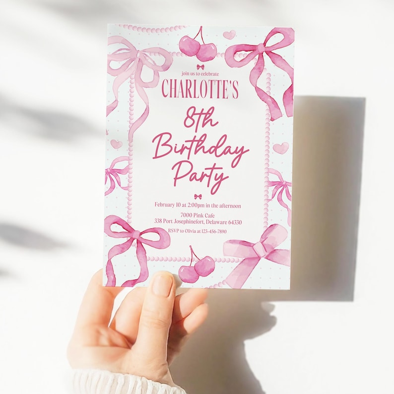 Pink Bow Invitation Cherry Coquette Invite Cute Girly Birthday ...
