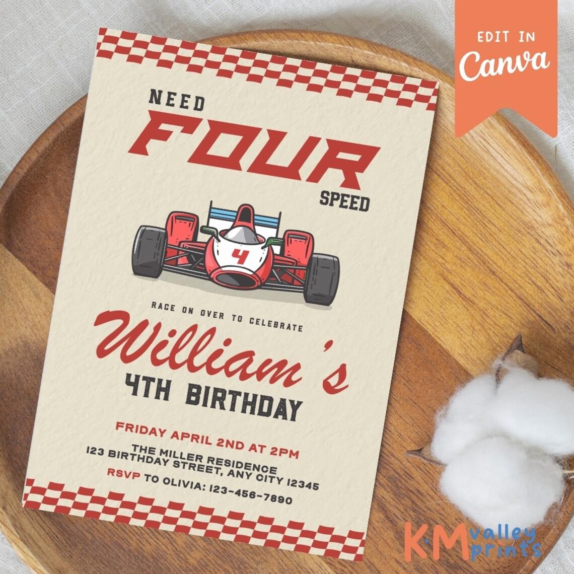 EDITABLE Race Car Birthday Invitation Template, Need FOUR Speed Digital ...