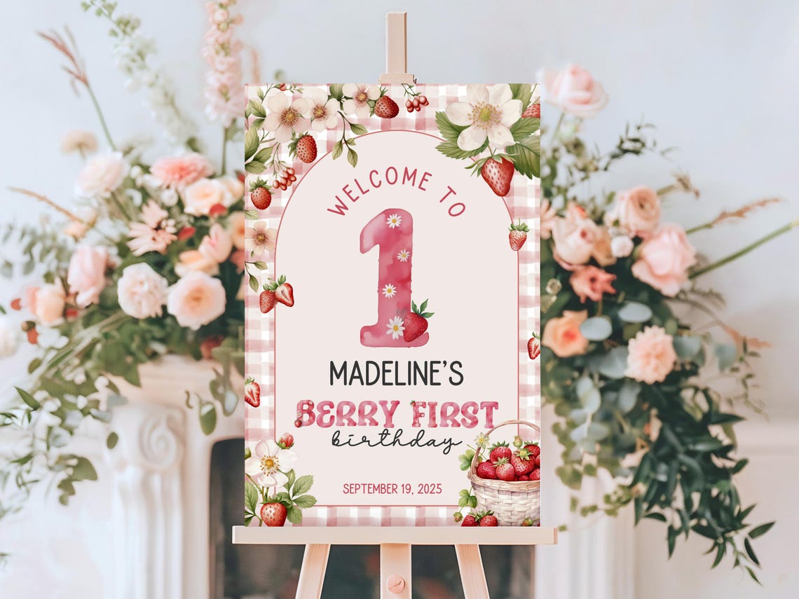 Berry First Birthday Sign Strawberry Welcome Sign Berry First Birthday ...
