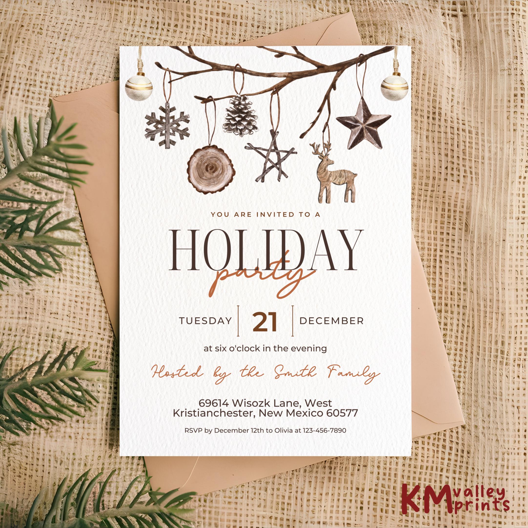 Editable Christmas Party Invitation, Brown Rustic Modern Holiday Invite ...