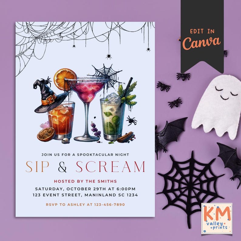 Sip and Scream Halloween Cocktails Party Invitation, Witch Gothic ...