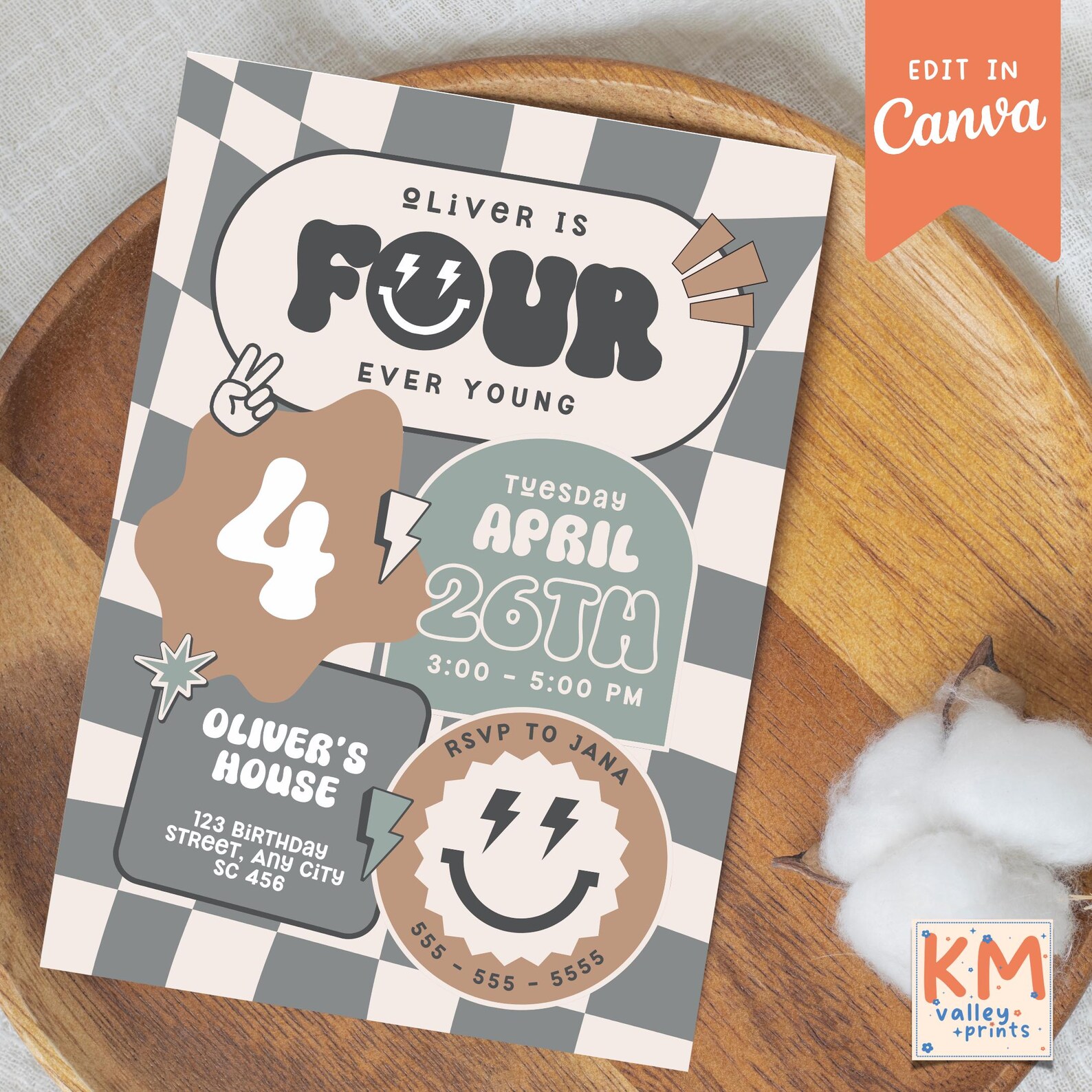 Editable Four Ever Young Fourth Birthday Invitation, Retro Checkered ...