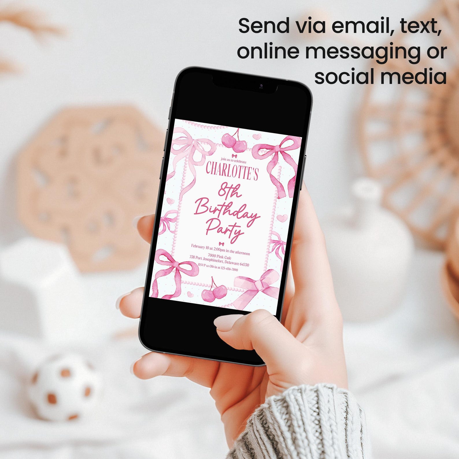 Pink Bow Invitation Cherry Coquette Invite Cute Girly Birthday ...